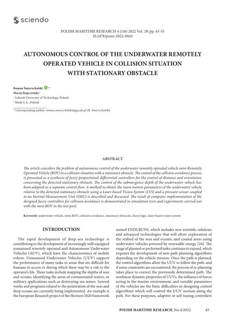 Pdf Autonomous Control Of The Underwater Remotely Operated Vehicle In Collision Situation With