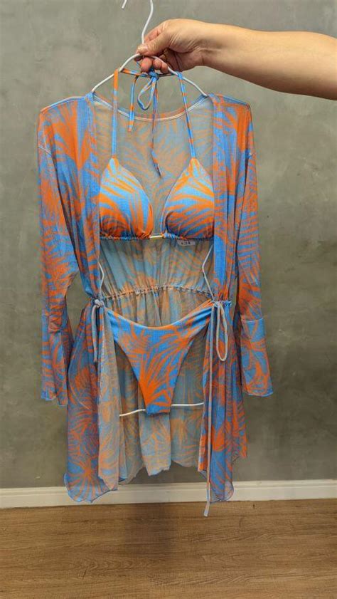 Comprar Conjunto Biquini 3 Peças Azul E Laranja Saída De Praia Lojas
