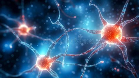 Illustration Of Neuron Network Cells With Glowing Link Knots On Blue Background Stock