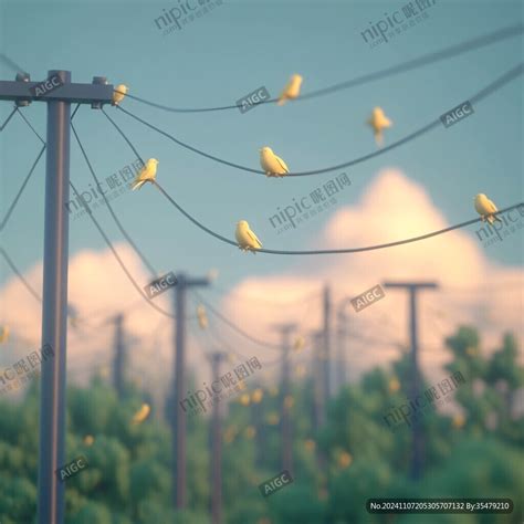 Ai创作图国网场景插画 春之风影治愈系小插画 动画场景图 唯美治愈画面 小鸟在电线上歌唱 日系场景 停在电线上的燕子 治愈画面 卡通治愈场景 窗外插画 风景厚涂 电线小麻雀 黄昏场景插画 噪点