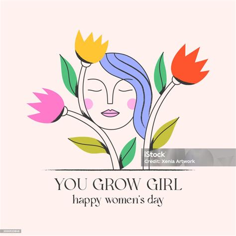 Girly Vector Illustration With Calm Woman Facewomens Day Concept Stock
