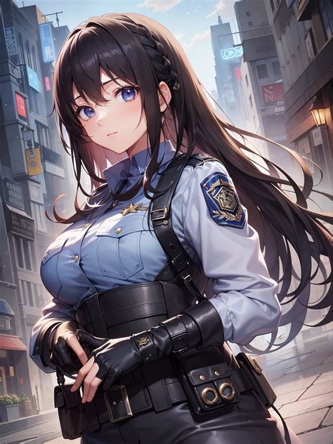 Garota De Anime Em Uniforme De Policial Segurando Uma Arma Em Uma