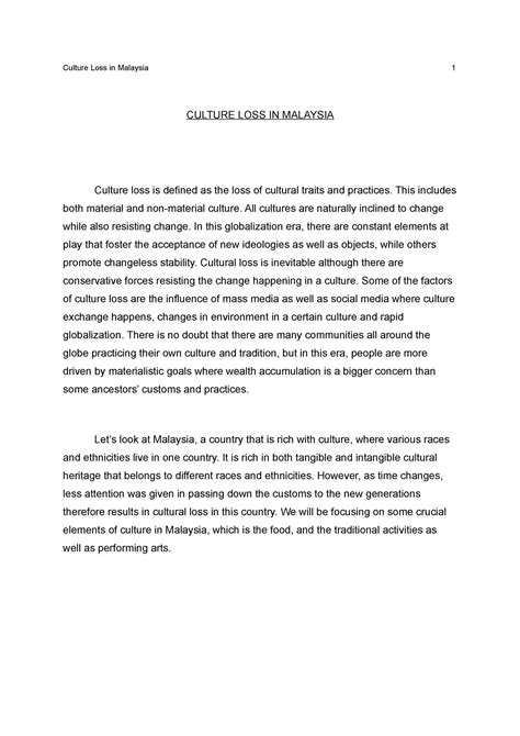 Culture Loss In Malaysia Culture Loss In Malaysia Culture Loss Is