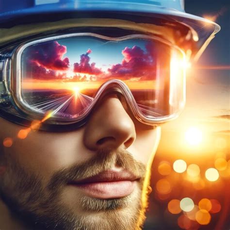 Closeup Of Man With Sunset Reflection In Goggles Premium Ai Generated