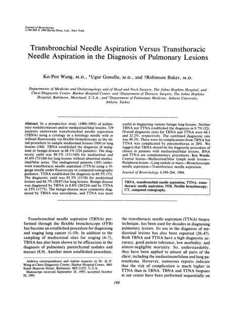 Pdf Transbronchial Needle Aspiration Versus Transthoracic Needle