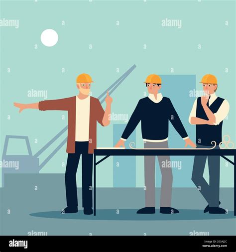Group Men Architect With Blueprint On Easel At Workplace Vector Illustration Stock Vector Image