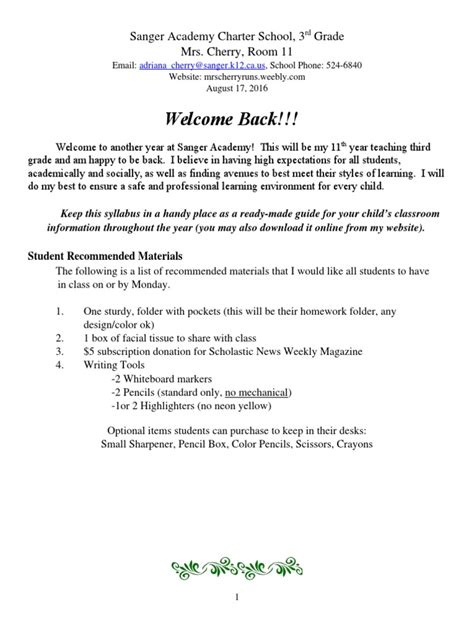 Third Grade Syllabus Pdf Educational Assessment Homework