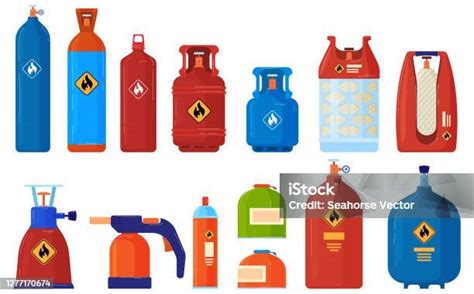 인화성 가스 실린더 컨테이너 벡터 일러스트 세트 만화 플랫 인화성 아르곤 아세틸렌 Lpg 프로판 또는 부탄 탱크 기체 물리