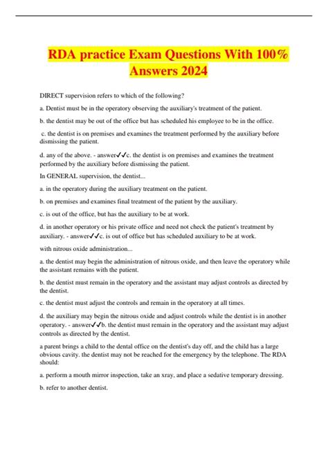 Rda Practice Exam Questions With 100 Answers 2024 Rda Stuvia Us