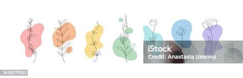 추상 벡터 플랫 한 라인 아트 일러스트 레이 션 세트 연속 라인 꽃 잎 및 장미 식물 실루엣 무지개 색상에 배경에 스플래쉬 포스터 배너를 위한 개념 디자인 라인아트에 대한