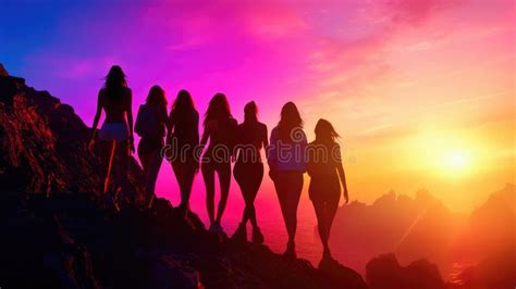 Group Of Diverse Women Silhouettes Celebrating Empowerment At Sunset Stock Image Image Of