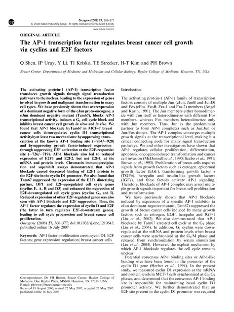 The Ap 1 Transcription Factor Regulates Breast Cancer Cell Growth Via
