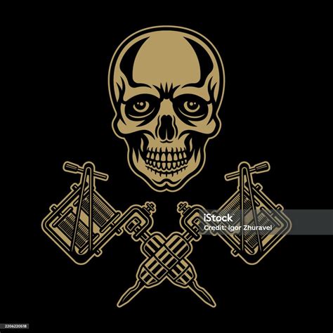 두개골 두 개의 교차 문신 기계 빈티지 벡터 일러스트 레이 션 타투 스튜디오 엠블럼 의류 디자인 스티커 및 반항적인 터치가 가미된 날카로운 그래픽 아트워크에 적합합니다