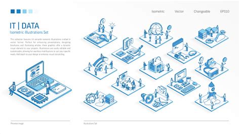 It 정보 데이터 기술 비즈니스 아이소 메트릭 일러스트 세트입니다 바쁜 사람들 팀워크 3d 장면 남자 여자는 팀을 일합니다 벡터