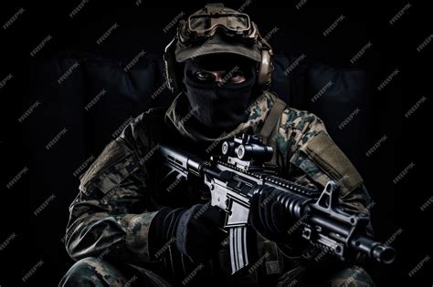 Premium Ai Image Man In Camouflage Holding Rifle A Concealed Soldier