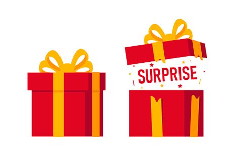 노란색 리본이 달린 빨간색으로 열린 선물 상자와 닫힌 선물 상자의 아이콘 그림 깜짝 텍스트가있는 상자에서 튀어 나오는 색종이 3차원 형태에 대한 스톡 벡터 아트 및 기타