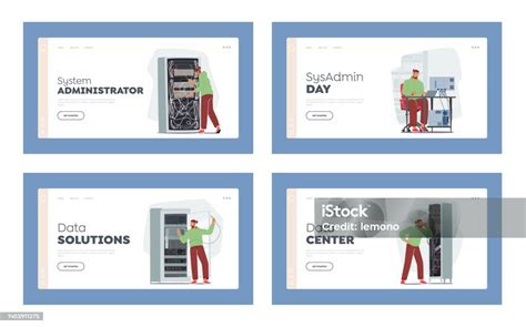 Sysadmin Working Landing Page Vorlagensatz Männlicher Charakter Bei Der Technischen Arbeit Mit