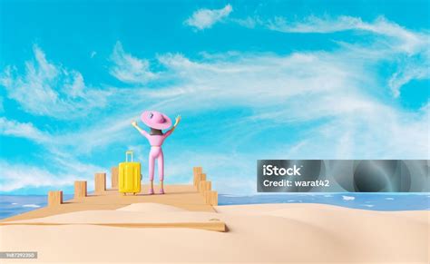 3d 캐릭터 만화 서 있는 여자 여행 가방 바다 푸른 하늘 풍경 배경으로 밝은 날에 바다로 이어지는 나무 다리 여름 여행 개념