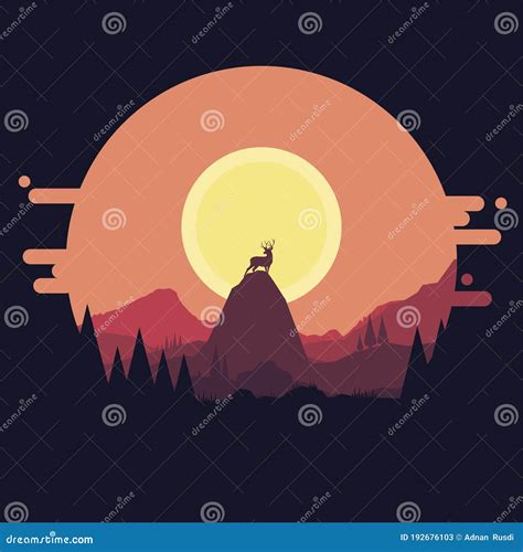 鹿剪影矢量图插图 平原山景山峦起伏的日出松树和鹿的轮廓 向量例证 插画 包括有 岩石 公园 192676103