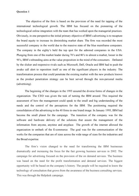 IBM Case Full Three Question For Ibm Case Question The Objective Of The Firm Is Based On