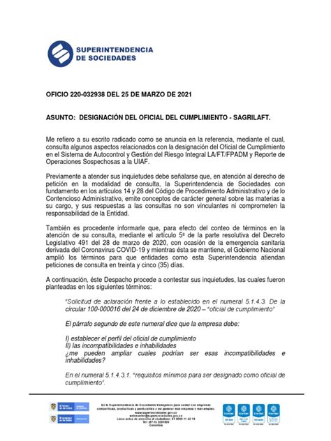 Oficio 220 032938 De 2021 Designacion Del Oficial De Cumplimiento