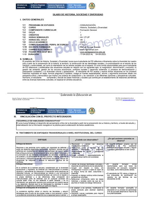 Silabo De Historia Sociedad Y Diversidad I Comunicación Ef Pdf
