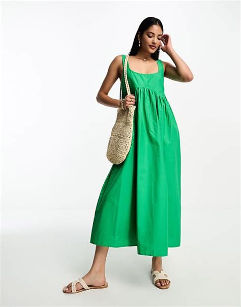 Asos Design Prendisole A Grembiule Midi Con Scollo Squadrato Verde