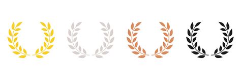 우승자 채플렛 월계관 실루엣 아이콘 세트 골드 실버 브론즈 블랙 리프 어워드 글리프 픽토그램 빈티지 올리브 잎 엠블럼 원형 나무 가지 성공 기호입니다 고립된 벡터 그림 검은