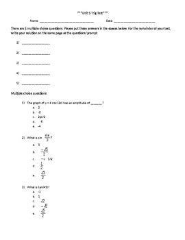 Trigonometry Unit Test Modified By The Algebra Dollar Tree TPT