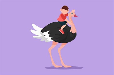 그래픽 플랫 디자인 드로잉 귀여운 타조를 타는 행복한 어린 소년 타조 뒤에 앉아 목을 잡고 있는 용감한 아이 타조를 타는 법을