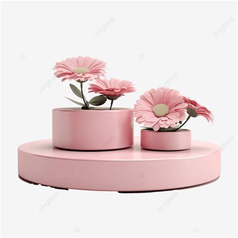 제품 촬영에 적합한 분홍색 꽃이 있는 3개의 원통형 연단 3d 렌더링 표현 제품 디스플레이 미니멀리즘 Png 일러스트 및