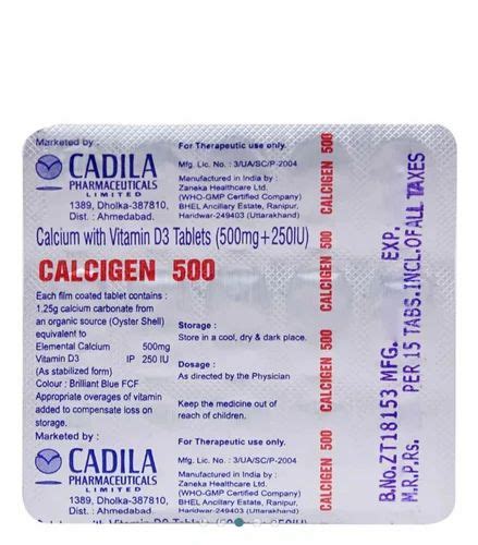Calcium Calcigen 500mg Tablets Packaging Type Box Packaging Size 20