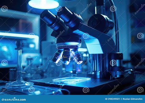 Close Up Of Microscope Lenses Focused On A Specimen In Blue Light Stock