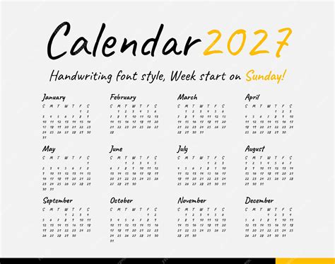 Premium Vector Calendar 2027 Handwriting Font Minimal Style Week