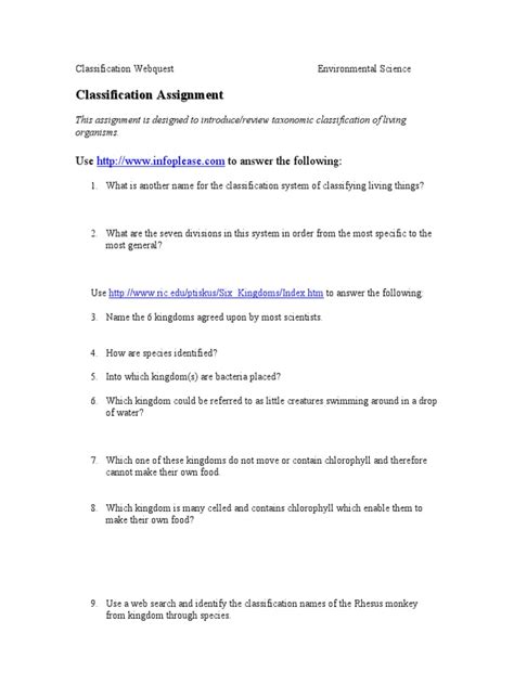 Classification Webquest Pdf Taxa Science