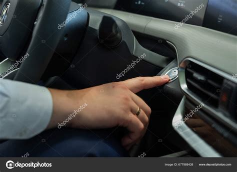 Man Presses Car Engine Start Button Stock Photo Inside Studio