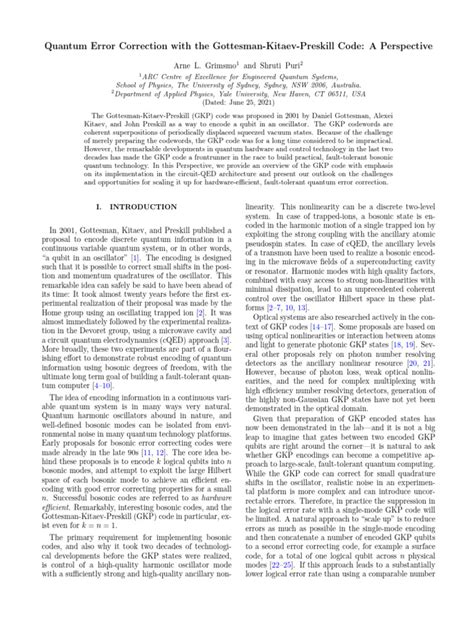 Quantum Error Correction With The Gottesman Kitaev Preskill Code A Perspective Pdf Physics