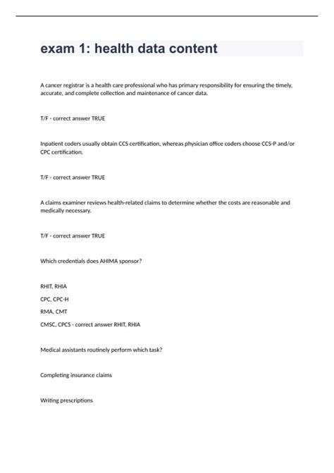 Exam 1 Health Data Content Questions With Complete Solution 20232024 Ahima Stuvia Us