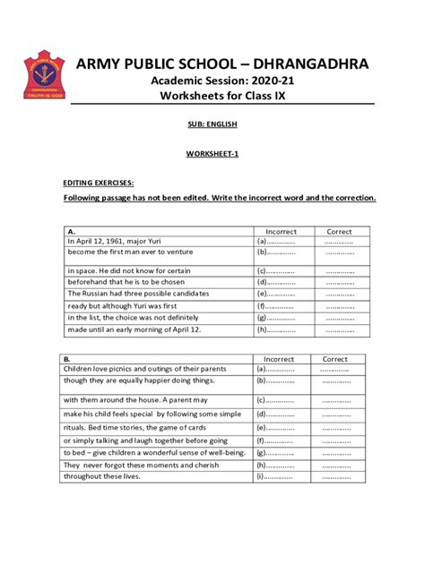 Fillable Online Editing Class 9 Practice Exercises Cbse English Grammar