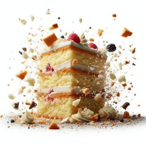 Premium Photo Cake With Floating Crumbs Isolated On White Background