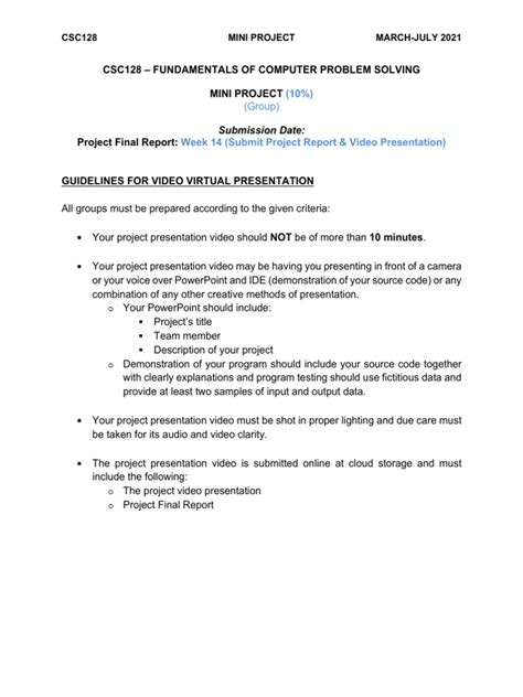 Csc128 Mini Project Guidelines Virtual Video Presentation Pdf