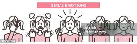 다양한 포즈와 표정으로 다양한 감정을 표현하는 소녀의 벡터 그림 감정 시리즈에 대한 스톡 벡터 아트 및 기타 이미지 감정 시리즈 고독 부정적인 감정 표현 귀여운