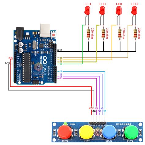 โมดูลสวิทซ์กดติดปล่อยดับ 4 ปุ่ม 4 สี สี่เหลี่ยม สำหรับ Arduino ขาย