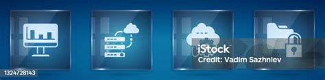 그래프 차트 네트워크 클라우드 연결 클라우드 기술 데이터 전송 및 폴더 및 잠금으로 모니터를 설정합니다 정사각형 유리 패널 벡터 개념에 대한 스톡 벡터 아트 및 기타 이미지