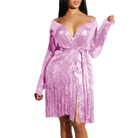 Fsqjgq Elegant Sequins Wedding Guest Dresses For Women Long Sleeve V