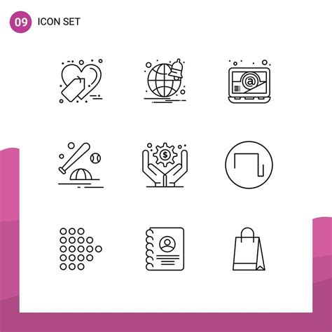 9 Universal Outline Signs Symbols Of Business Operations Business Administration Email Sport Bat