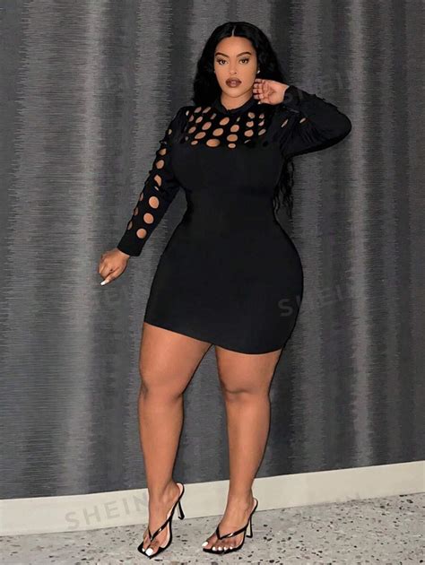 Shein Slayr Plus Size Elegant And Sexy Bodycon Mini Dress In Jet Black With Hollow Out And Burnt