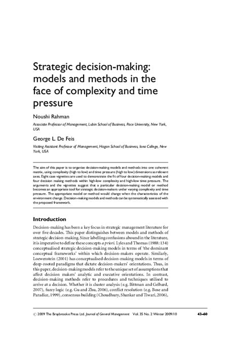 Pdf Strategic Decision Making Models And Methods In The Face Of