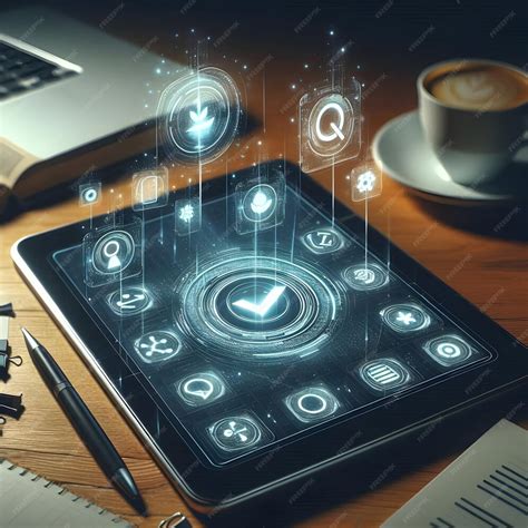 Tablet With Holographic Ai Qa And Certification Icons On Minimalist