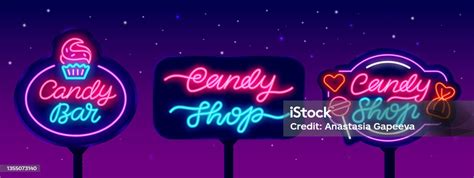 사탕 가게 네온 스트리트 광고판 컬렉션 스위트 바 엠블럼 세트 레터링이 있는 로고를 보관합니다 벡터 스톡 일러스트레이션 0명에 대한 스톡 벡터 아트 및 기타 이미지 Istock
